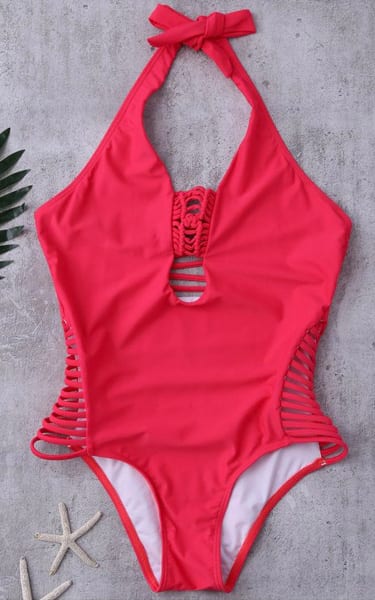 Red Ladder Cut Out Halter Swimwear - BestFashionHQ.com