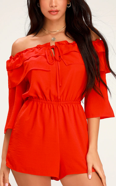 Jack by BB Dakota Showstopper Red Ruffled Off-the-Shoulder Romper ...